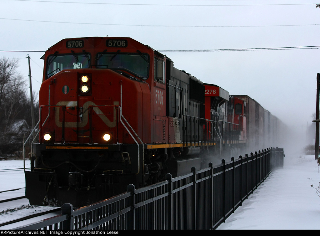 CN 5706 leads the first train of the day